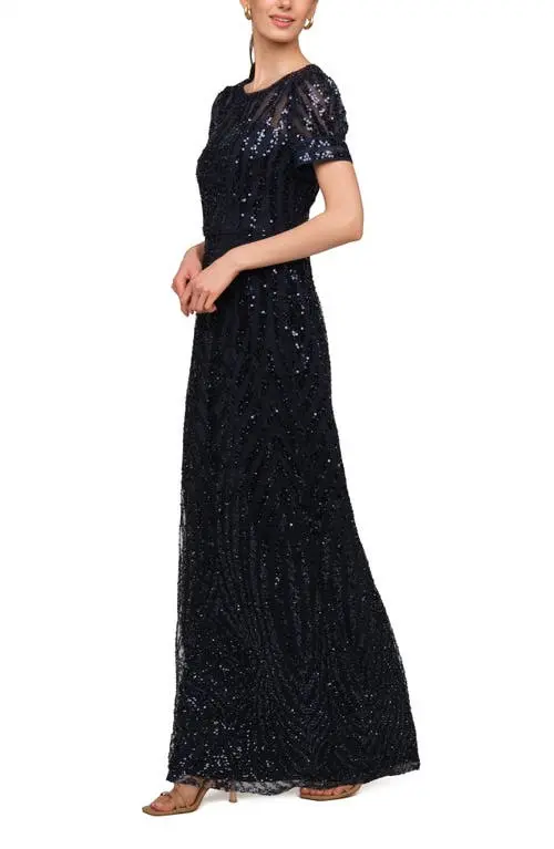 Js Collections Ivetta Sequin Stripe Illusion Neck Column Gown