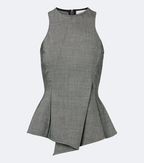 Magda Butrym Herringbone Pleated Peplum Wool-blend Top - Grey