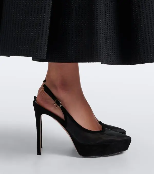 GIANVITO ROSSI Suede-trimmed Mesh Platform Slingback Pumps