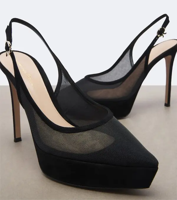 GIANVITO ROSSI Suede-trimmed Mesh Platform Slingback Pumps