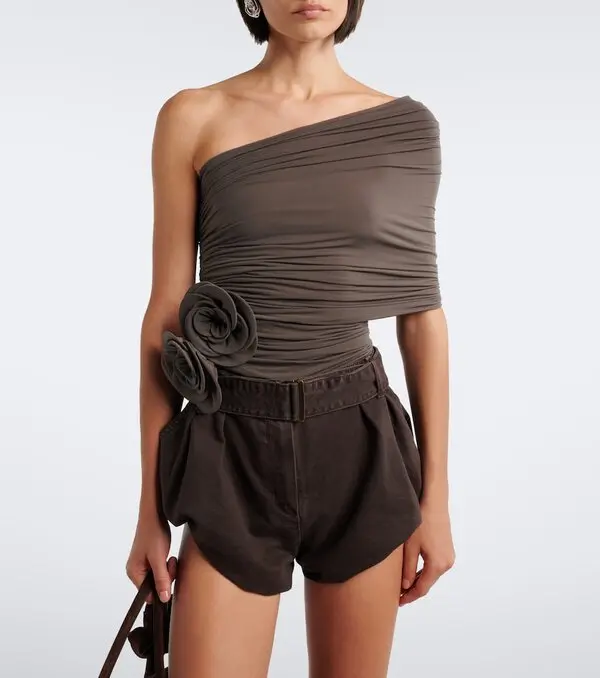 Magda Butrym Draped Off-shoulder Top With Floral Appliqu