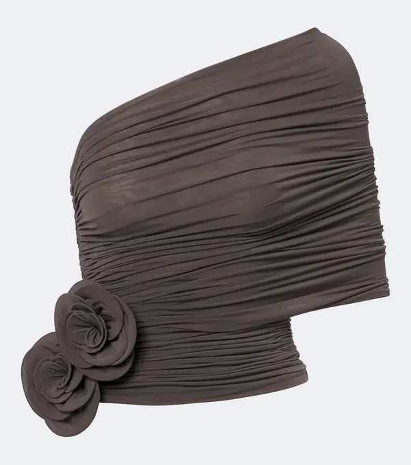 Magda Butrym Draped Off-shoulder Top With Floral Appliqu - Brown