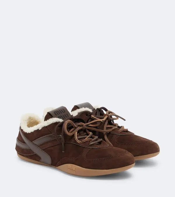 Miu Miu Suede And Shearling Trimmed Sneakers - Brown