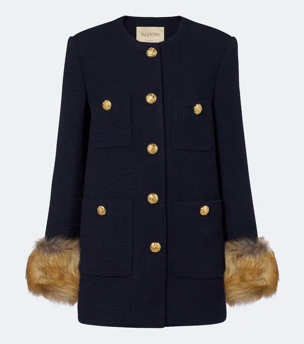 Valentino Garavani Shearling-trimmed Wool-blend Tweed Jacket - Blue