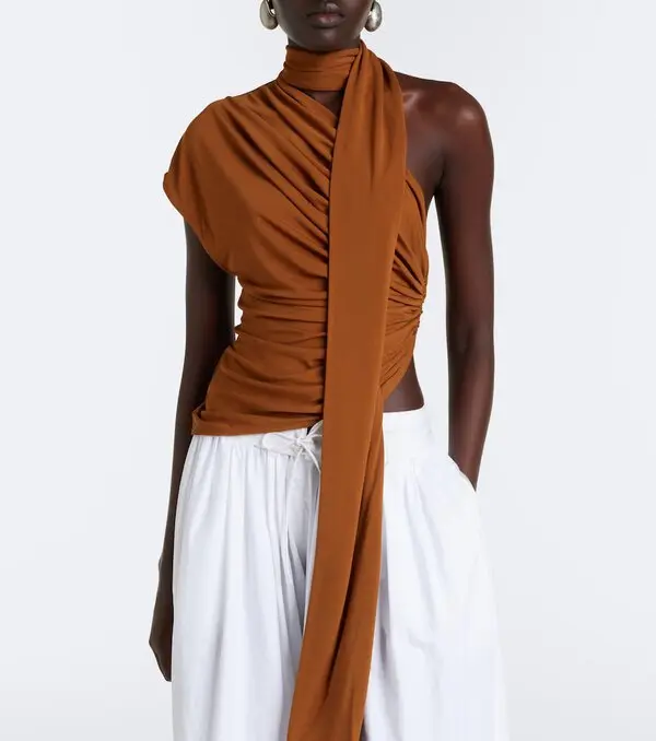 Christopher Esber Vienna Draped Scarf-detail Jersey Top In Cognac