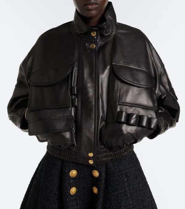 Balmain Cropped Leather Jacket With Zipped Front