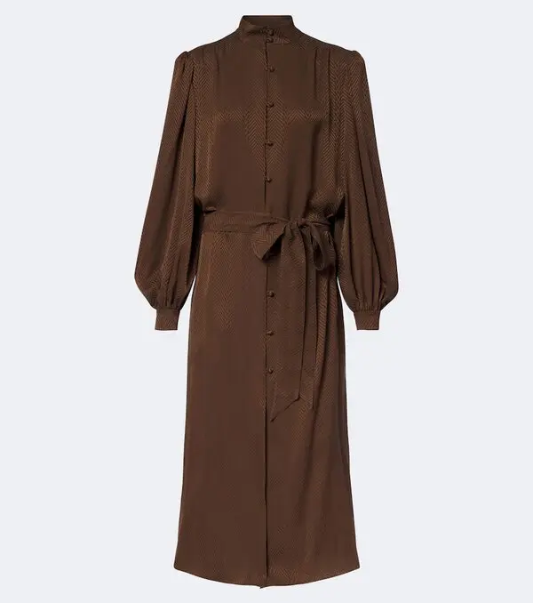 Valentino Garavani Belted Chevron Jacquard Silk Midi Dress - Brown