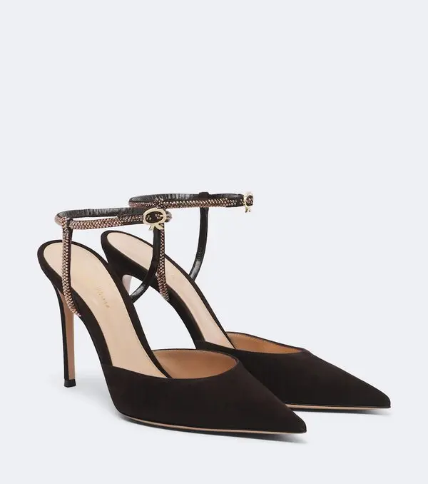 GIANVITO ROSSI Embellished Suede Slingback Pumps - Brown
