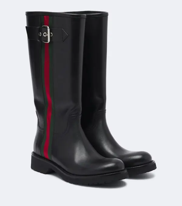 Gucci Web Stripe Leather Biker Boots - Black