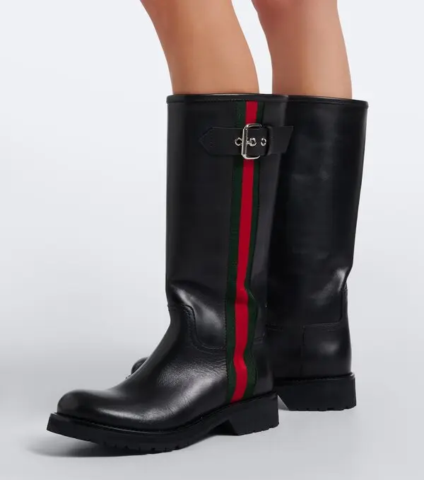 Gucci Web Stripe Leather Biker Boots