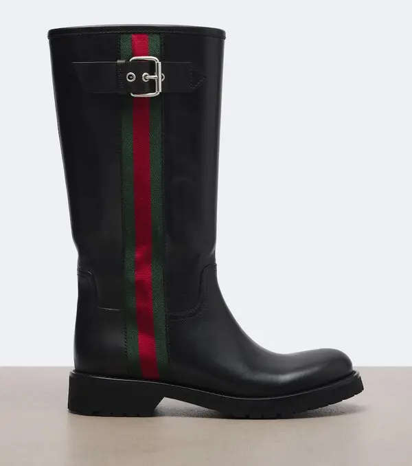 Gucci Web Stripe Leather Biker Boots