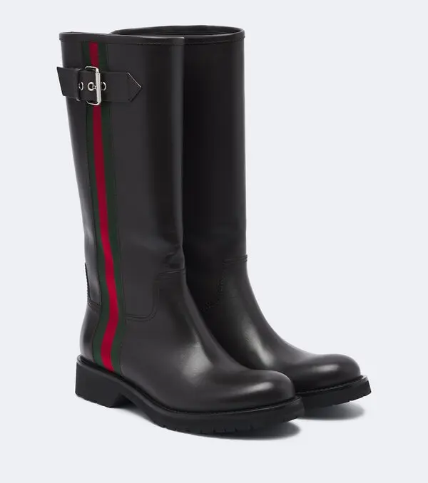 Gucci Web Stripe Leather Biker Boots - Brown