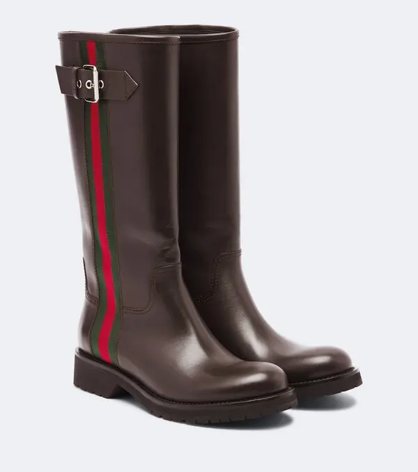 Gucci Web Stripe Leather Biker Boots - Brown