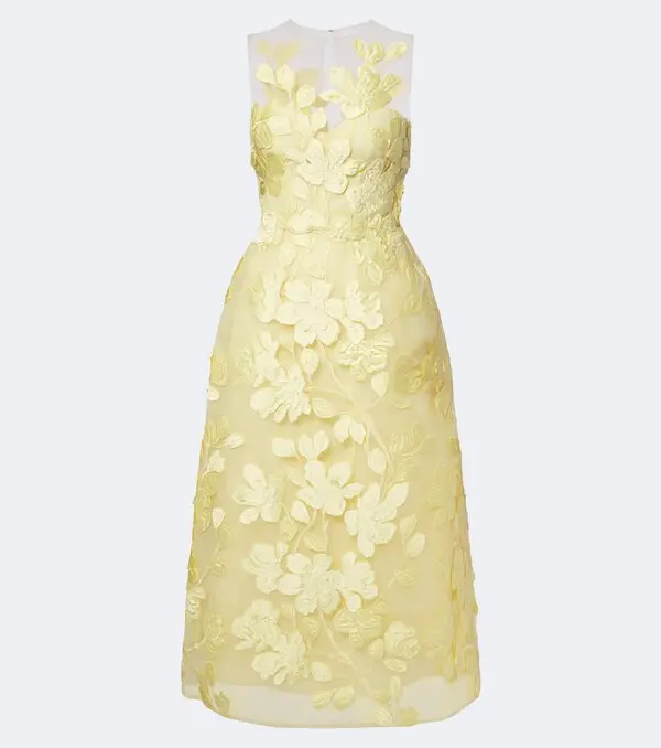 Monique Lhuillier Floral Tulle Midi Dress - Yellow