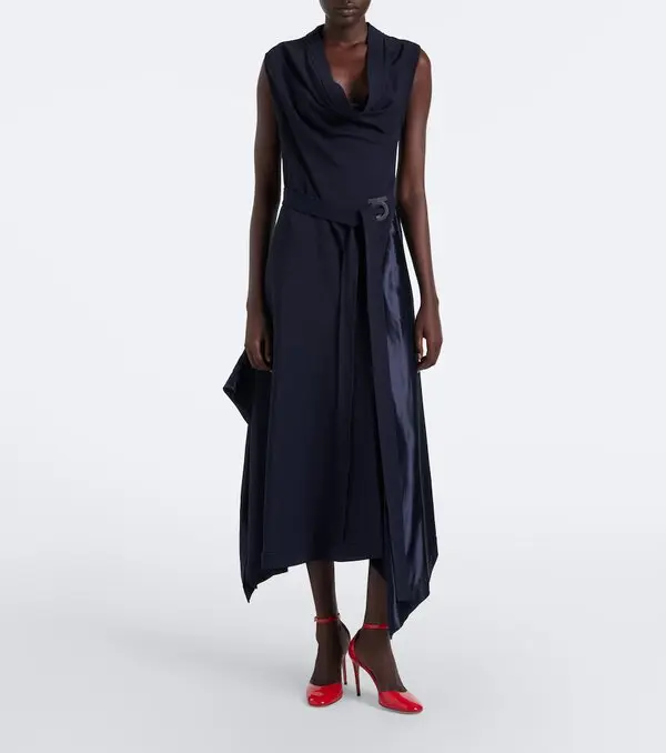 FERRAGAMO Draped Satin-trimmed Jersey Midi Dress