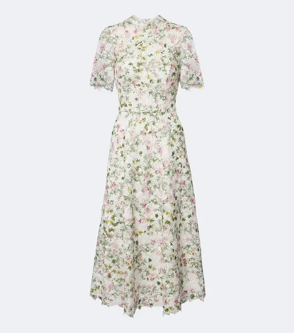Monique Lhuillier Floral Lace Midi Dress - White