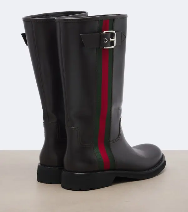 Gucci Web Stripe Leather Biker Boots