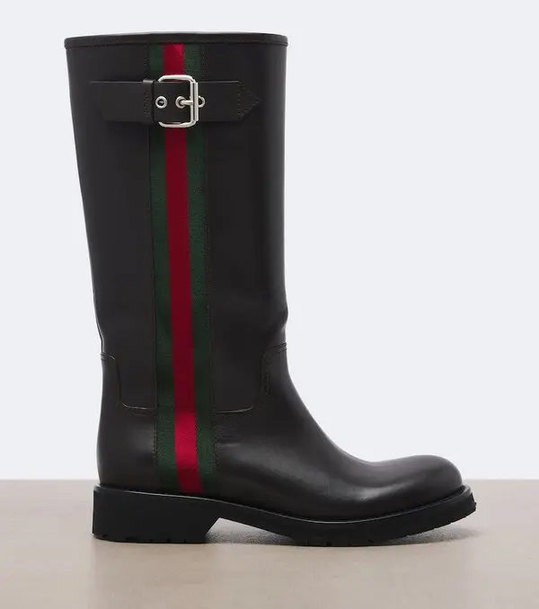 Gucci Web Stripe Leather Biker Boots