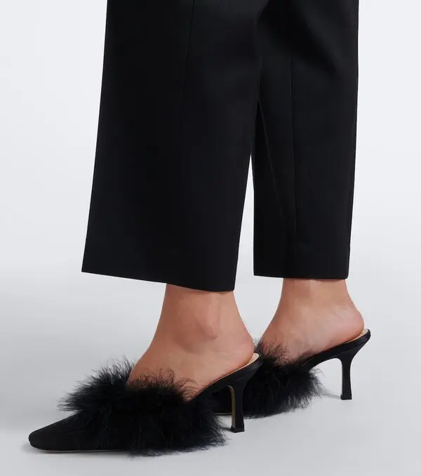 Mach & Mach Carolyn Feather-trimmed Satin Mules