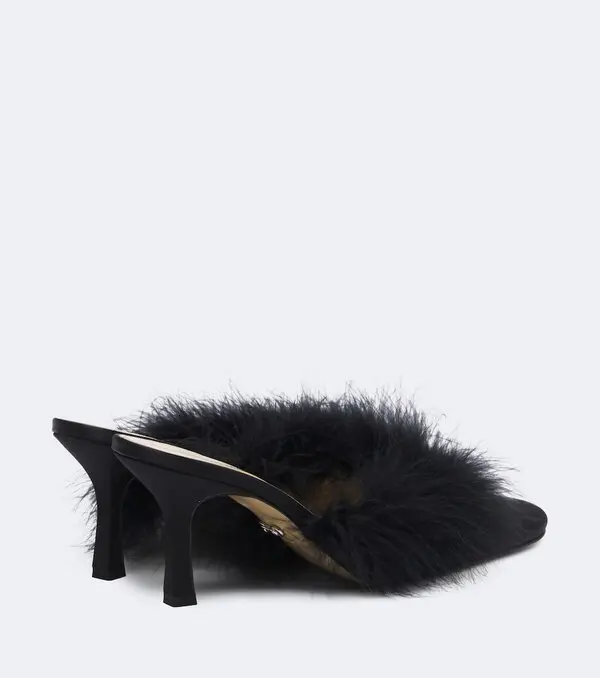 Mach & Mach Carolyn Feather-trimmed Satin Mules - Black
