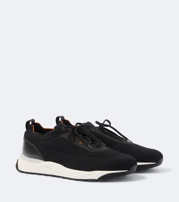 Santoni Leather-trimmed Knitted Sneakers - Blue
