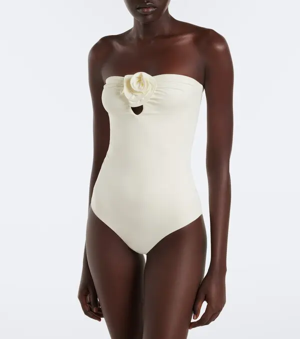Magda Butrym Strapless Gathered Swimsuit With Floral Appliqu - White