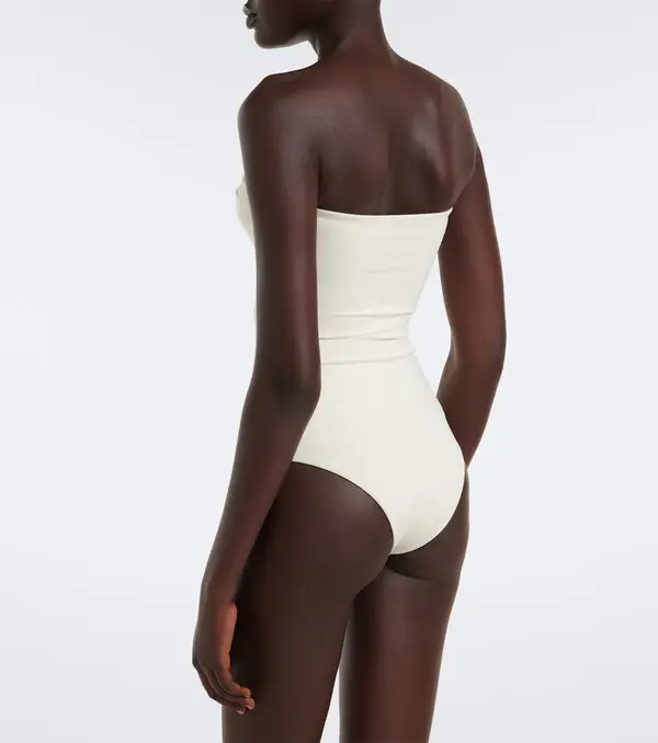 Magda Butrym Strapless Gathered Swimsuit With Floral Appliqu - White