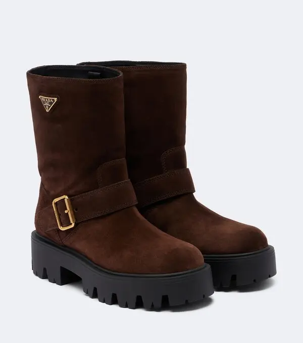 Prada Logo Suede Biker Boots - Brown