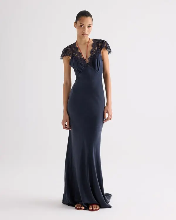 TWP Lace Gown In Silk Charmeuse - Midnight