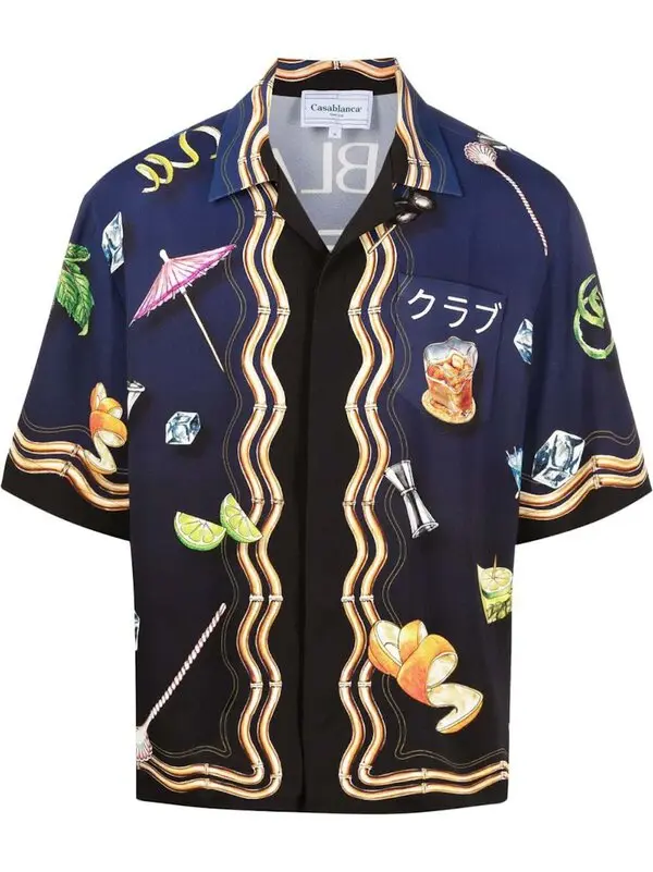 Casablanca Club Sunset Short Sleeve Silk Shirtin - Blue