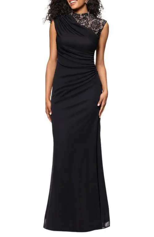 Betsy & Adam Lace Detail Mixed Media Ruched Gown - Black/nude