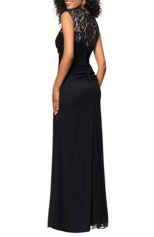 Betsy & Adam Lace Detail Mixed Media Gown
