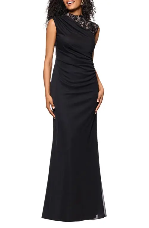 Betsy & Adam Lace Detail Mixed Media Gown