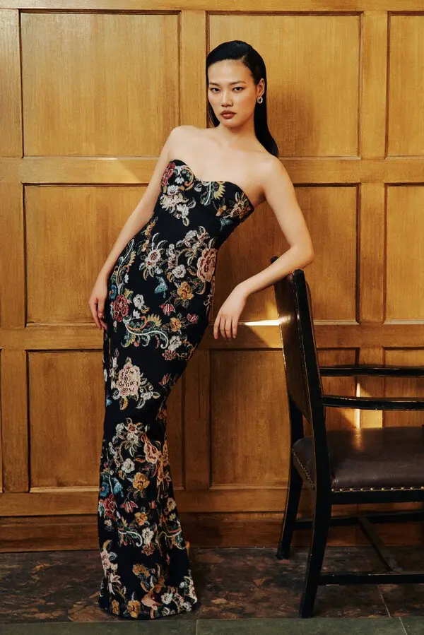 SAU LEE Maren Brocade Gown - Black Multi