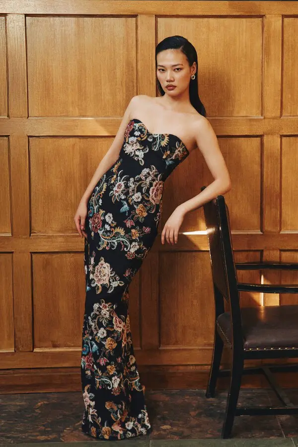 SAU LEE Maren Brocade Gown - Black Multi