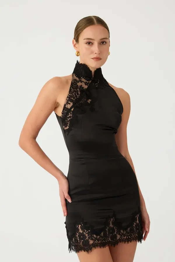 SAU LEE Elva Mini Dress With Mandarin Collar And Lace Trims