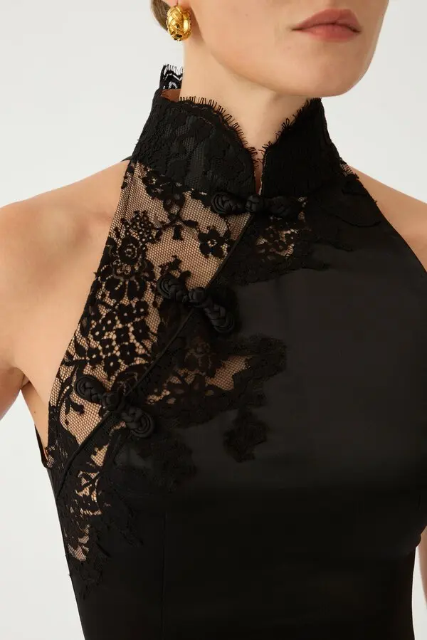 SAU LEE Elva Mini Dress With Mandarin Collar And Lace Trims