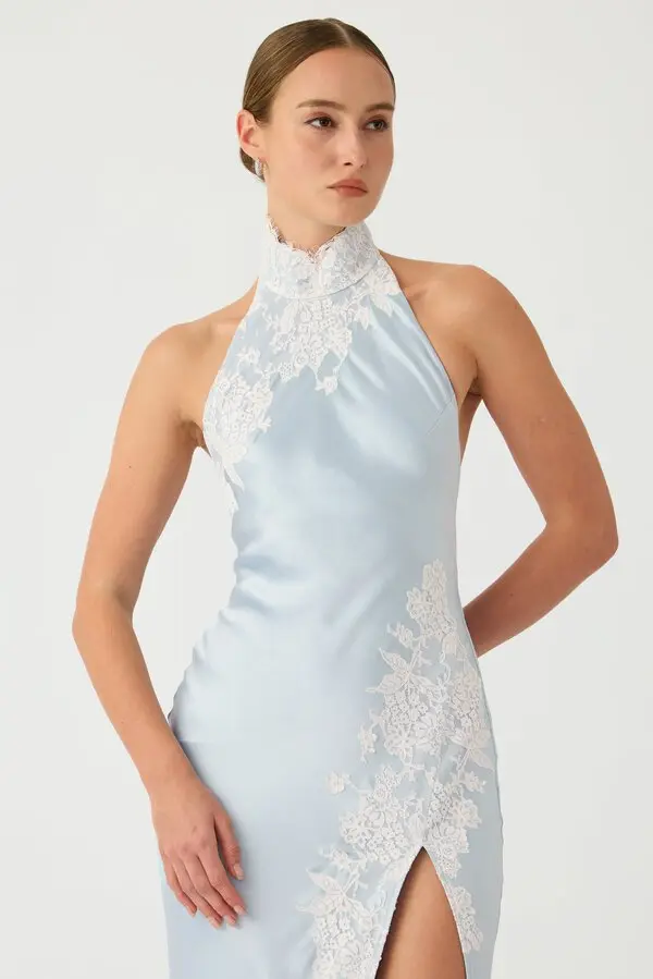 SAU LEE Michelle Gown Light Blue Satin Maxi Dress With Lace Trim And Slit - Frost Blue