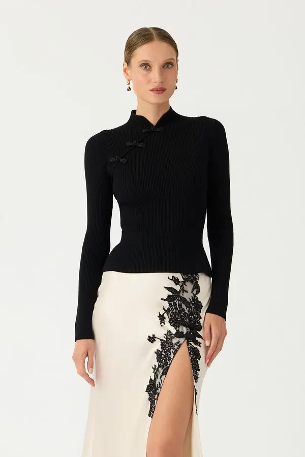 SAU LEE Petar Knit Top With Mandarin Collar - Black