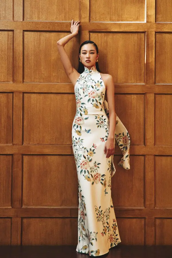 SAU LEE Georgia Maxi Dress With Peony Print And Open Back - Stone