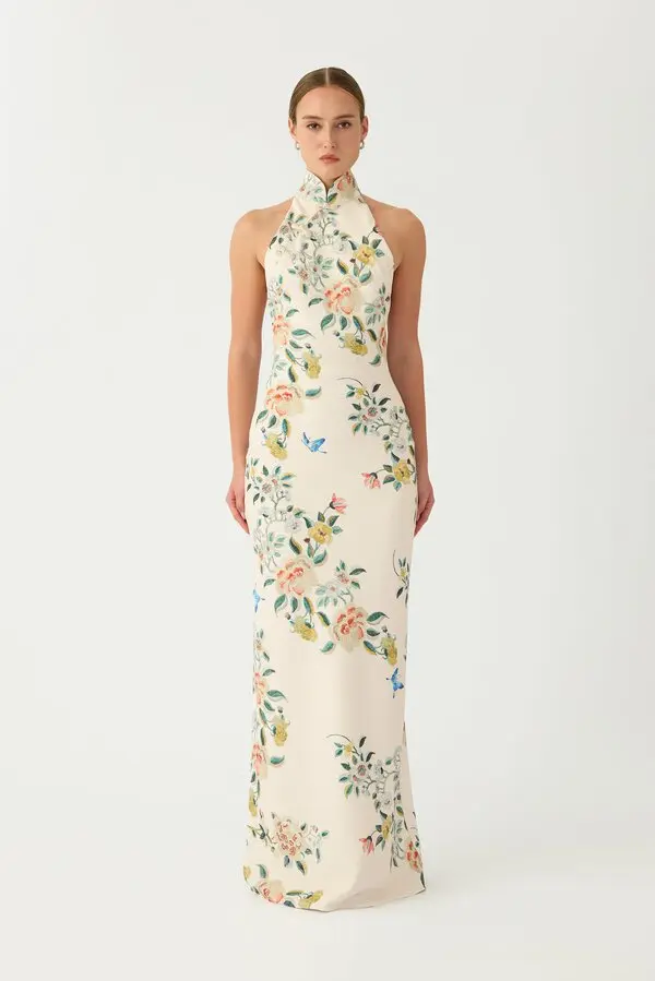 SAU LEE Georgia Maxi Dress With Peony Print And Open Back - Stone