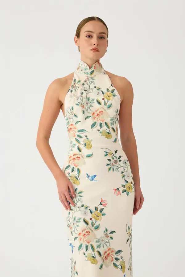 SAU LEE Georgia Maxi Dress With Peony Print And Open Back - Stone