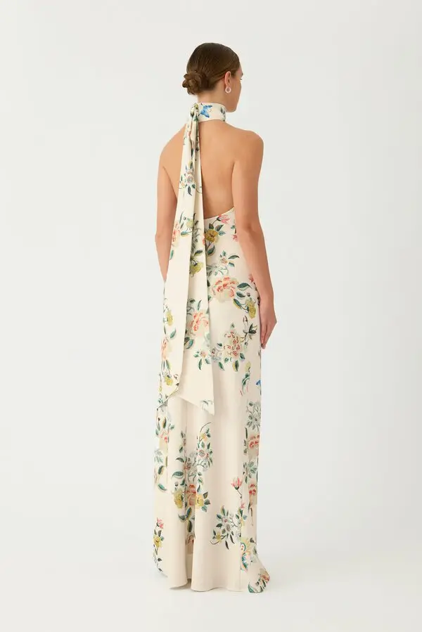 SAU LEE Georgia Maxi Dress With Peony Print And Open Back - Stone