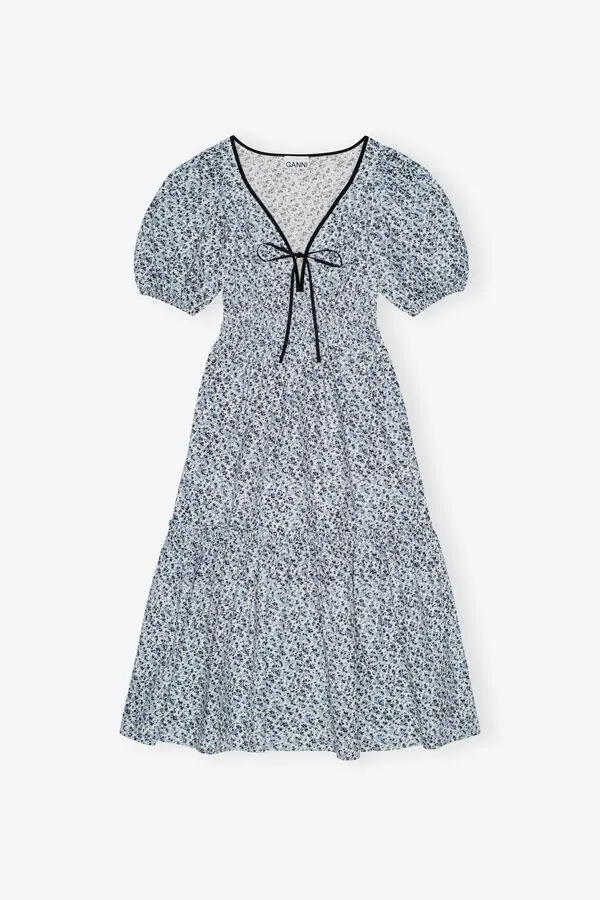 GANNI Floral Printed Cotton Long Smock Dress - Blue