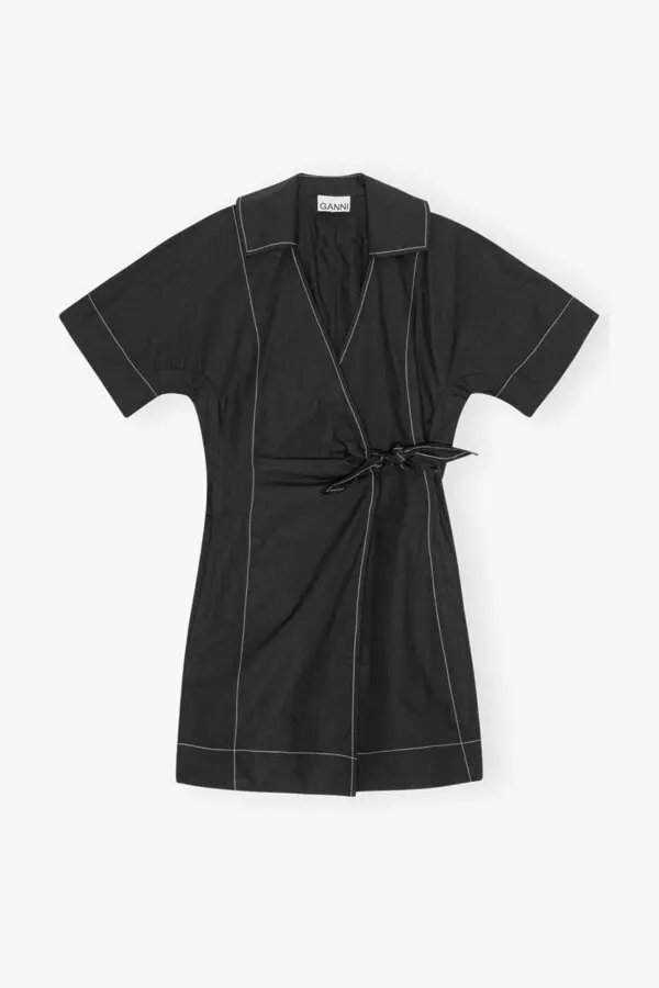GANNI Cotton Poplin Wrap Mini Dress - Black