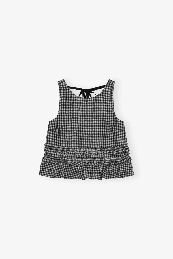 GANNI Crinkled Check Frill Top - Black