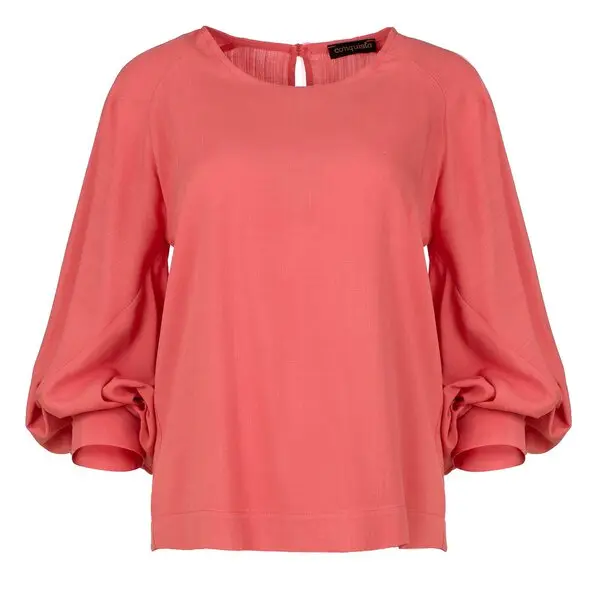 CONQUISTA Coral Linen Top With Bishop Sleeves - Pink
