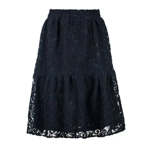 CONQUISTA Lace Jacquard Midi Skirt – Soft Textured Polyester, Elastic Waist - Black