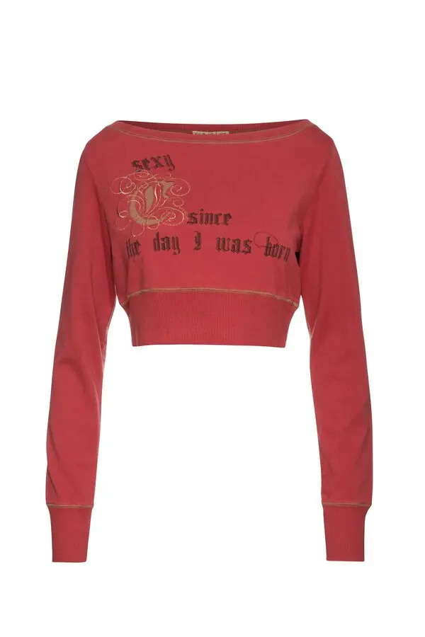 CONQUISTA Dark Crop Print Top With Applique Detail - Red