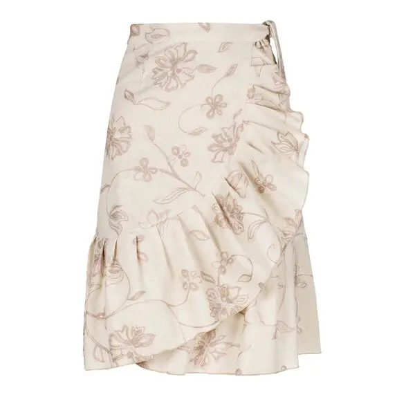 CONQUISTA Neutrals Ecru Embroidered Floral Wrap Ruffle Skirt - Beige